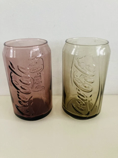 COCA COLA CAN Glass Tumbler Drinking Glass x 2 Dusky Pink Purple Yellow ...