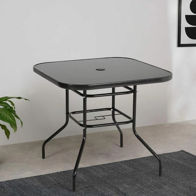 GLASS TABLE W/PARASOL Hole Round Bistro Garden Patio Side Bar Table ...