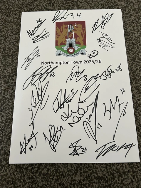 NORTHAMPTON TOWN FOOTBALL Club 2025/26 Signed Sheet on A4 card Guthrie ...