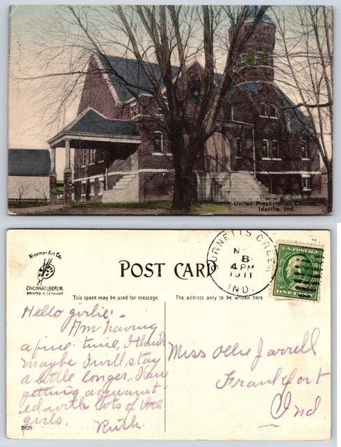 IDAVILLE INDIANA UNITED Presbytérienne Église Main Teinté Carte Postale ...