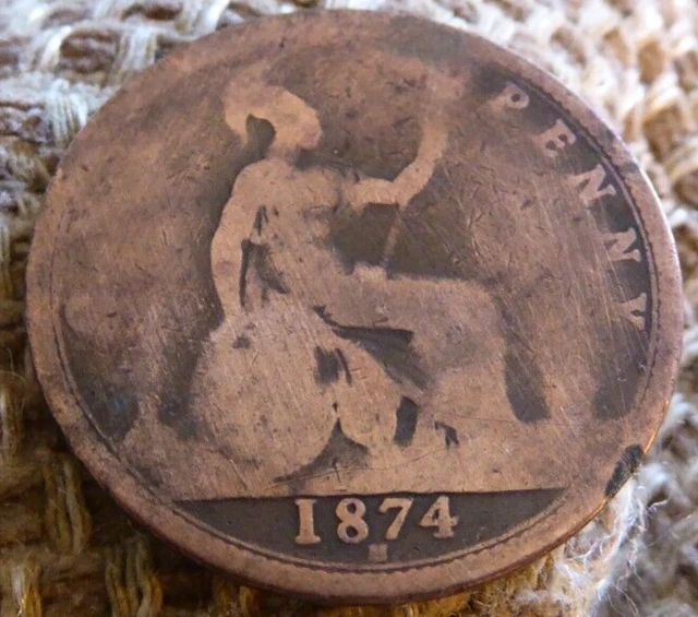 1874H NARROW DATE Victorian One Penny Coin Queen Victoria See Pics D ...