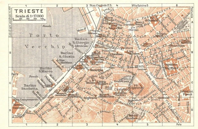 CARTA GEOGRAFICA ANTICA TRIESTE pianta della città TCI 1937 Antique map ...