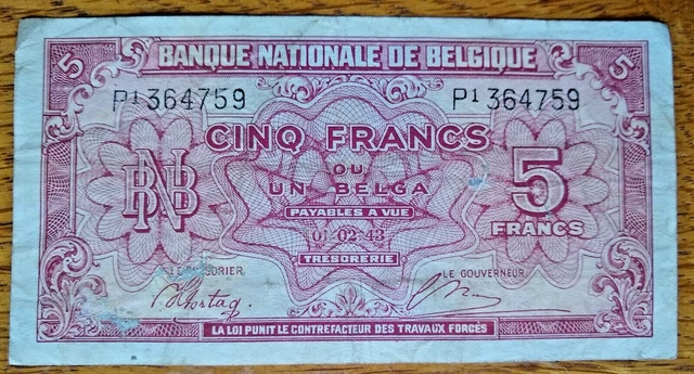 VINTAGE GENUINE BELGIAN Banknote 5 Francs 1943 Belgium Currency WW2 £1. ...