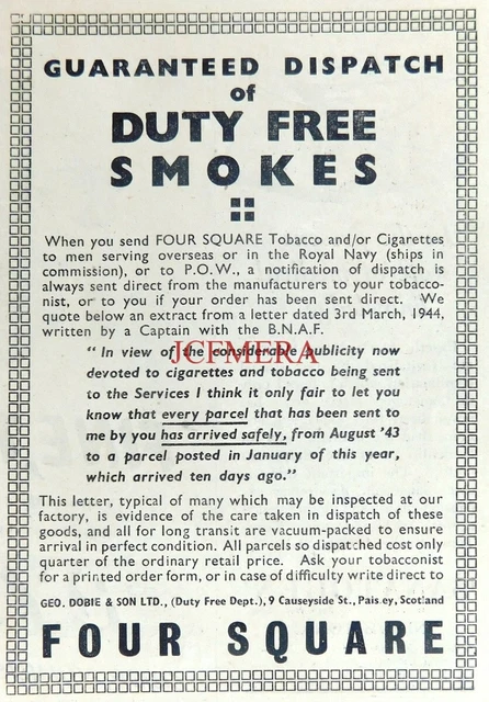WW2 'FOUR SQUARE' Tobacco 'Duty-Free to H M Forces', Small 1944 Advert ...