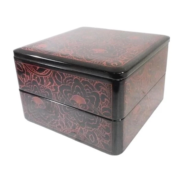 JAPANESE VINTAGE WAJIMA-NURI Lacquer Ware Two-Tiered Stacked Box circa ...