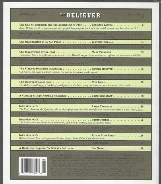 THE BELIEVER MAGAZINE August 2003 Vol 1 Number 5 w/Postcard Adam ...