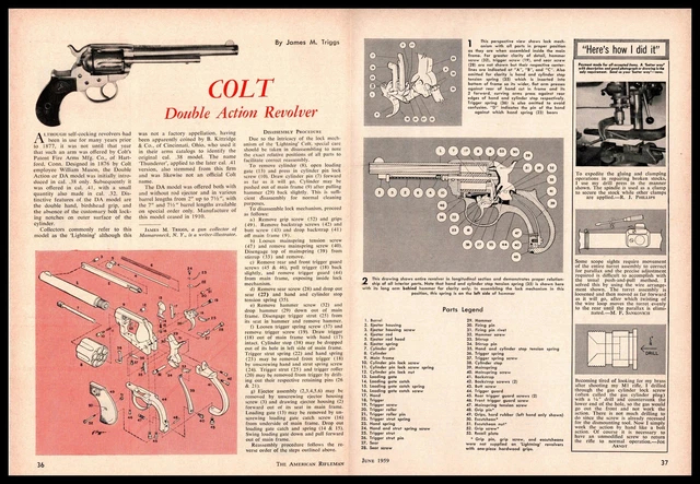 1959 COLT DOUBLE Action Revolver Parts Breakdown Article 2-Page Print ...