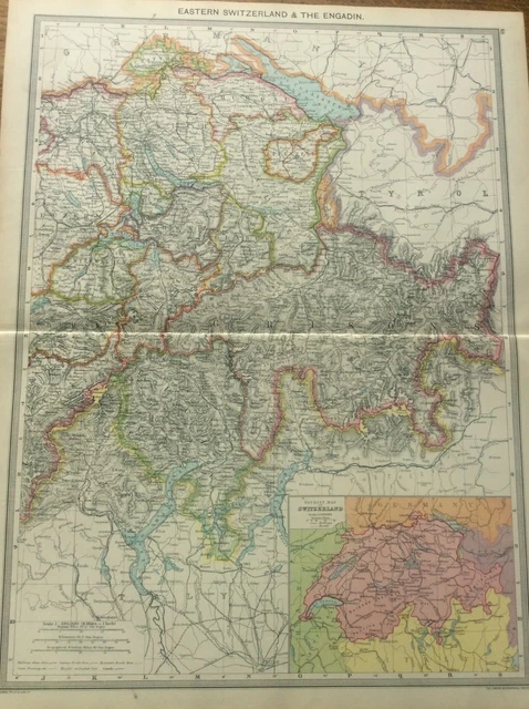 ANTIQUE 1904 COLOUR Map Eastern Switzerland & Engadin Harmsworth ...