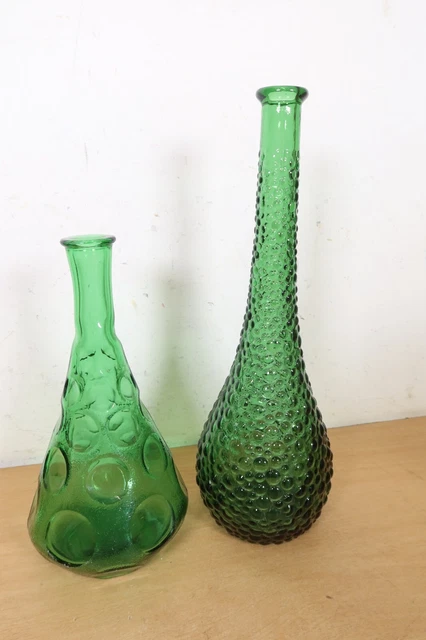 VINTAGE GREEN GLASS Dimpled Coin Dot Genie Bottle Vase Bubble Empoli ...