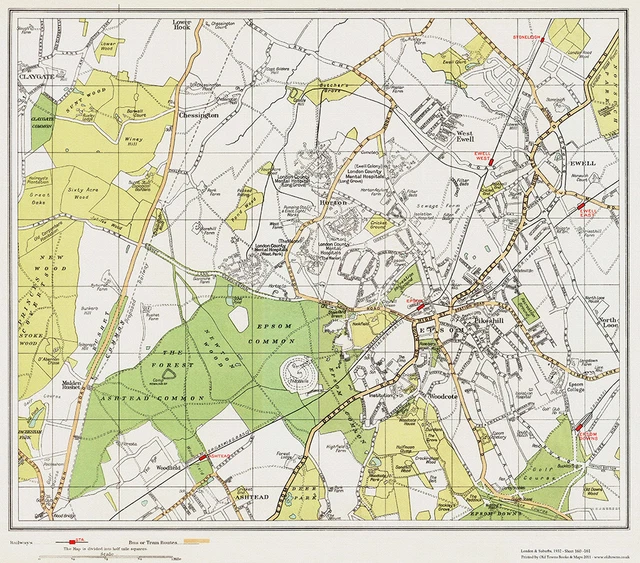EPSOM, CHESSINGTON, EWELL area map - London 1932 #160+161 £18.99 ...
