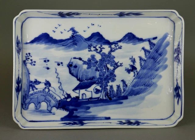 FINE ANTIQUE CHINESE Blue & White Porcelain Scenic Rectangle Plate ...