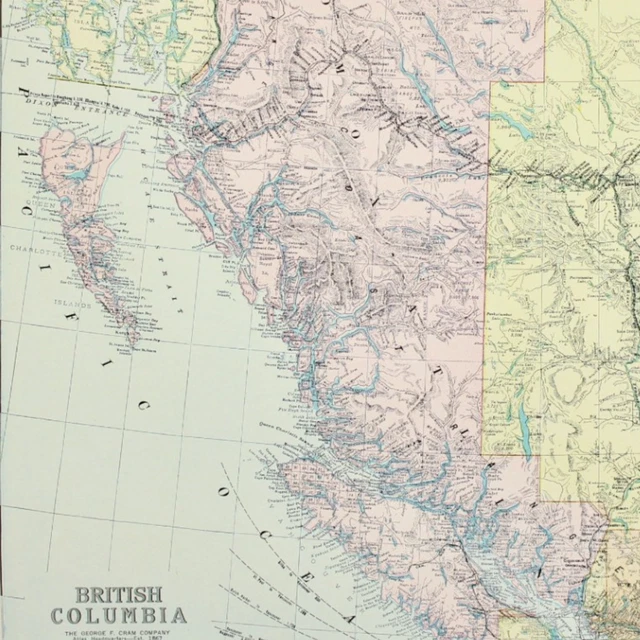 BRITISH COLUMBIA MAP Canada Large Antique FULL COLOR 1928 21"x14" £27. ...