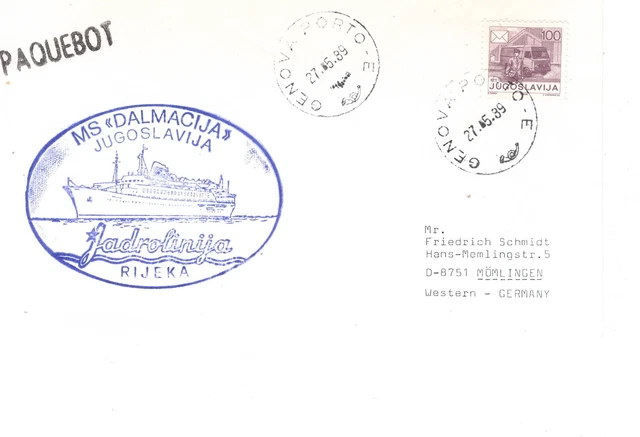 SCHIFFSPOST PAQUEBOT MS DALMACIJA Jadrolinija Rijeka Stempel Genua 1989 ...