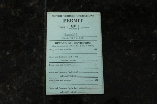 VINTAGE 1945 MILITARY Issue Motor Vehicle Operations Permit $22.95 ...