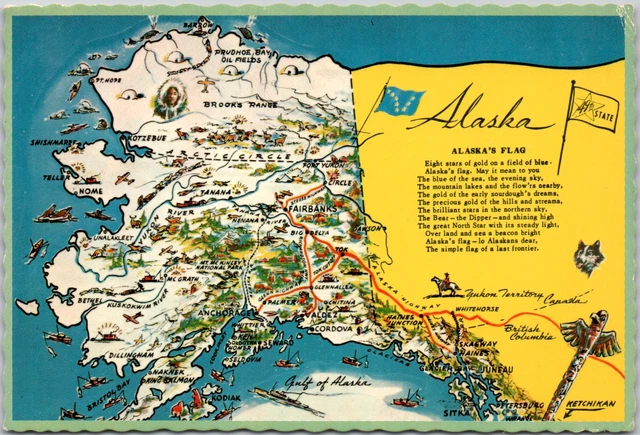 ALASKA AK MAP Illustraded Flag Poem Towns Cities Horse Dog Boat Vintage ...