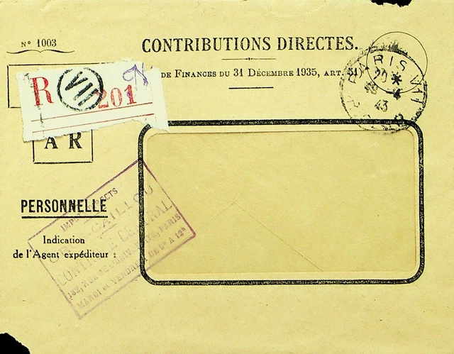 FRANCE 1943 WWII Stampless Censored Regd Window Cover With Paris Cancel ...