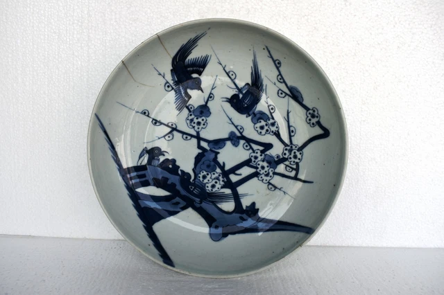 ANTIQUE CHINESE QING Blue White Magpie Plum Blossom Porcelain Dish ...