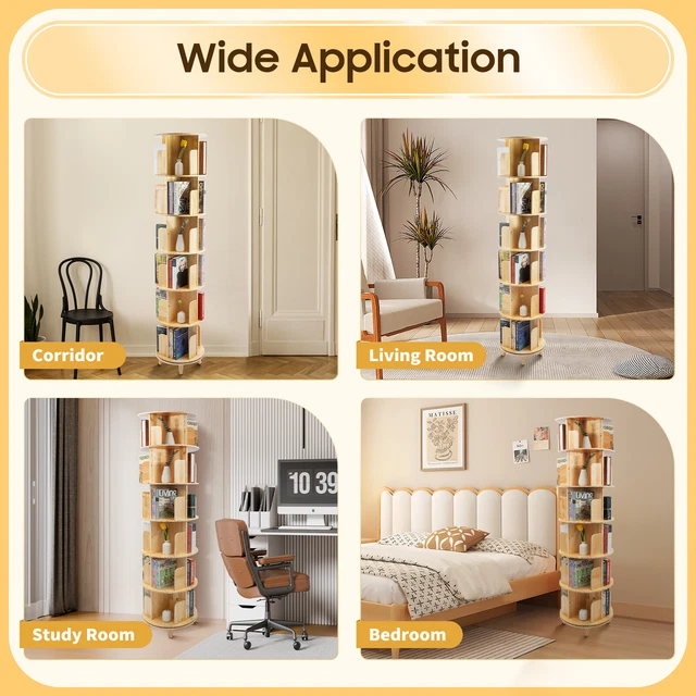 ROTATING BOOKSHELF CYLINDRICAL Wooden Book Rack 6 Tier Plants Storage ...