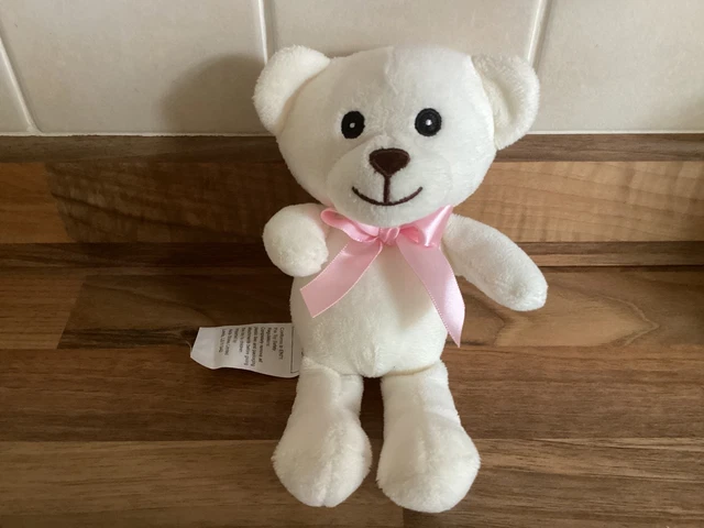 ASDA MINI TEDDY Bear Cream Soft Toy Cuddly Comforter + Pink Ribbon Bow ...