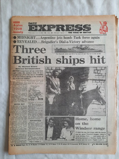 1982 9TH JUNE FALKLANDS WAR BRITISH SHIPS HIT 40th Anniv DAILY EXPRESS ...