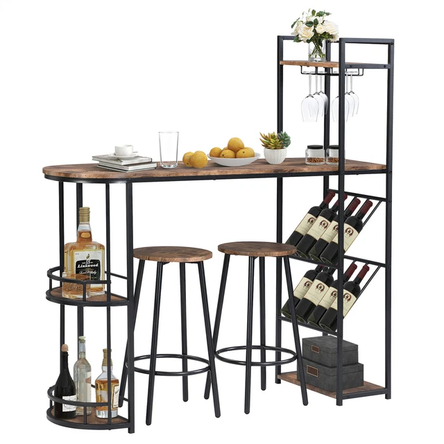 INDUSTRIAL BREAKFAST BAR Table and 2 Stools Dining Set W/ Wine Rack ...