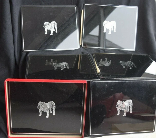 VINTAGE SET 6 Gloss Lacquer Table Mats Silver British Bulldog Dog Heavy ...