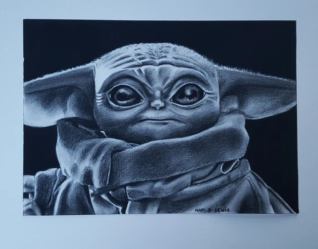 BABY YODA ALIAS GROGU 'THE MANDALORIAN' ORIGINAL A4 KOHLEZEICHNUNG AUF ...