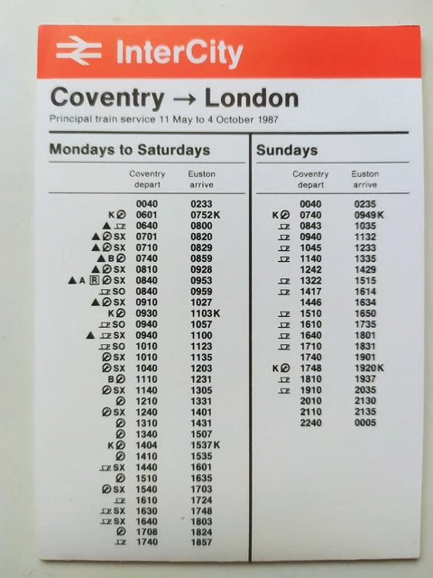 BRITISH RAIL POCKET Timetable InterCity Coventry London May 1987 £3.69 ...