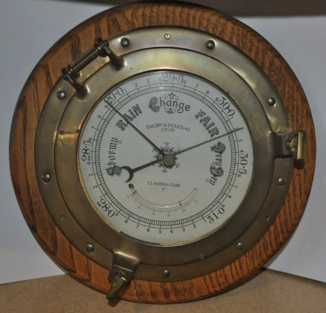 EMORY AND DOUGLAS Brass Ship Porthole Barometer and Temperature Gauge ...
