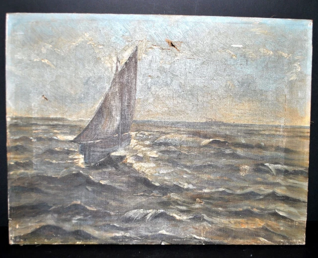TABLEAU ANCIEN PEINTURE Marine "Voilier en mer" Huile sur Toile du 19e siècle EUR 128,00 ...