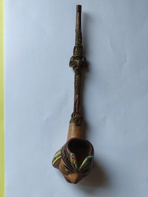 PIPE EN TERRE cuite bois + pierres représentant une tete Maya Inca ...