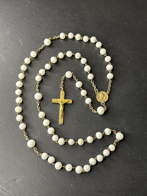 RARE CHAPELET ANCIEN Argent massif Et Boule Nacre croix reliquaire ...