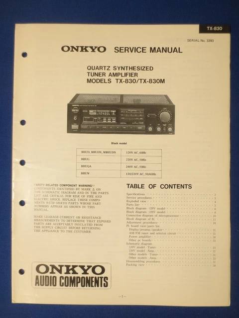 ONKYO TX-830 M Tuner Amp Service Manual Original Factory Issue The Real ...