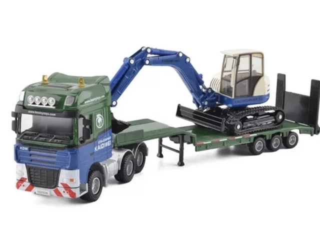 DIE CAST LOW Loader Truck with Excavator 1:50 Scale Heavy Construction ...
