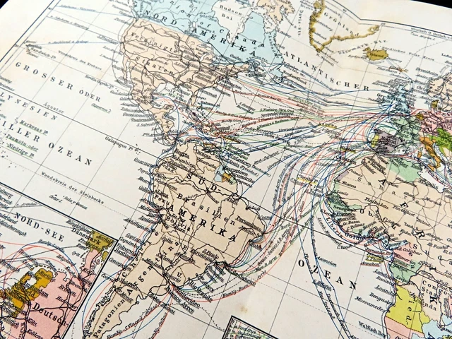 WORLD MAP STEAMSHIP Routes Shipping Lines European Colonies GERMAN ...