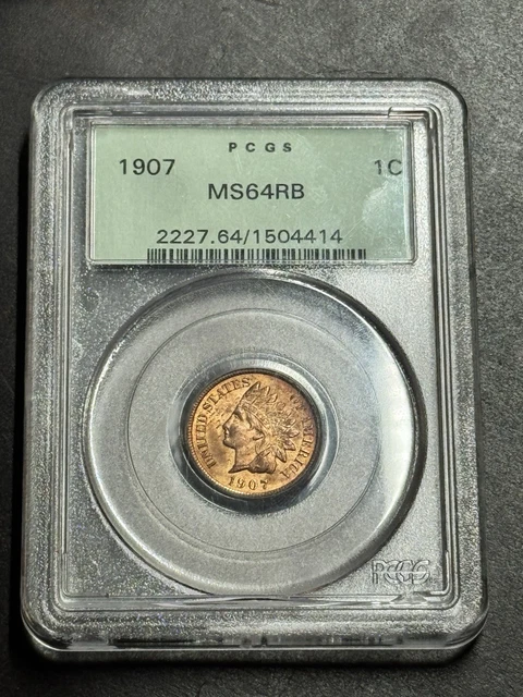 1907 INDIAN HEAD Cent Penny PCGS MS64 RB OGH Old Holder Beautiful Coin ...