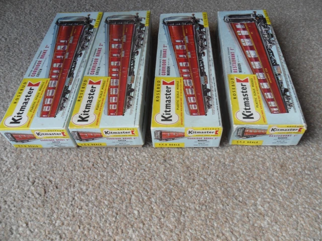 VINTAGE KITMASTER TT3 Four boxed unmade complete coaches plus two as ...