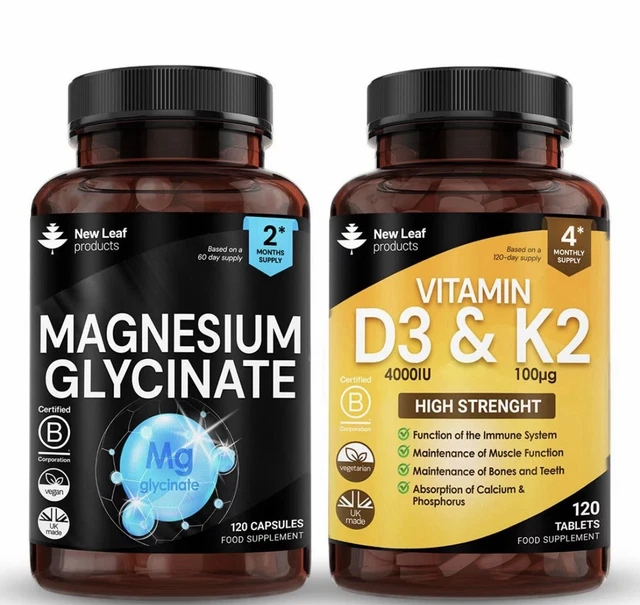 VITAMIN D3 K2 Tablets Magnesium Glycinate Capsules 2-Pack Supplement ...