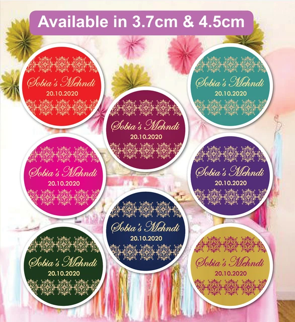 35 PERSONALISED GLOSSY Wedding MEHNDI DHOLKI HENNA NIKKAH Stickers ...