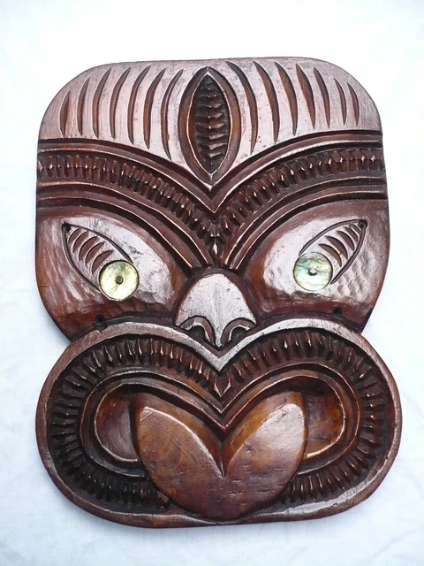 LARGE, OLD, MAORI, New Zealand, Carved Wooden Mask, Plaque, Paua Shell ...