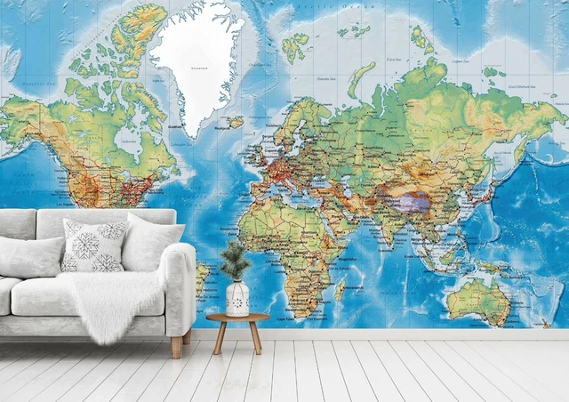3D BLUE WORLD Map 6396NA Wallpaper Wall Mural Removable Self-adhesive ...