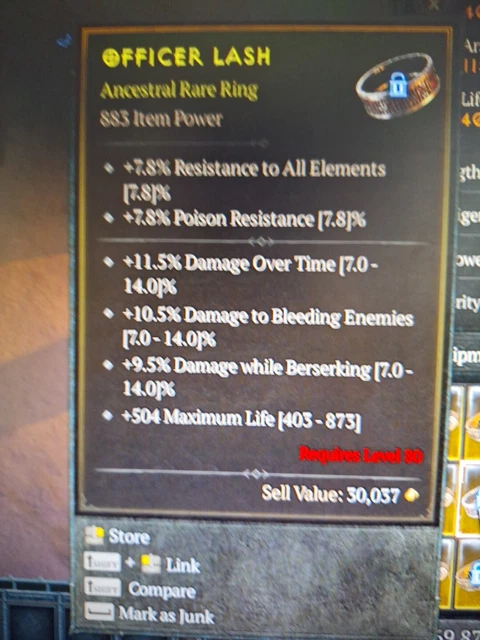 DIABLO 4 SEASON 3 S3 Barb Ancestral Rare Ring Overtime Bleed Dmg ...