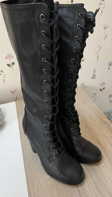 MILITARY LACE UP Calf Knee High Black Boots With Cube Heel Size 7 Wore ...