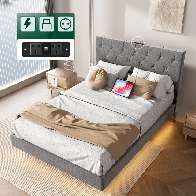 OYAJIA 4FT6 DOUBLE Size Bed Frame With Led Lights & Charging Station ...