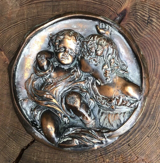 ANTIQUE VICTORIAN BAS-RELIEF cast copper Calmady children plaque signed ...