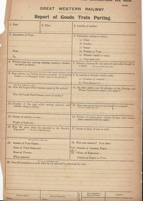 OFFICIAL GREAT WESTERN Railway Vintage Goods Train Parting Report Form ...