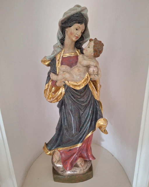 MUTTER GOTTES MADONNA Maria mit Kind 59 cm hoch Holz geschnitzt bemalt ...