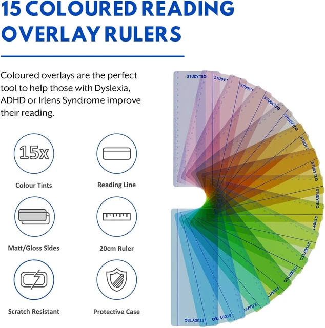 15 X STUDYTEQ Professional Dyslexia Colored Reading Overlays and Rulers ...
