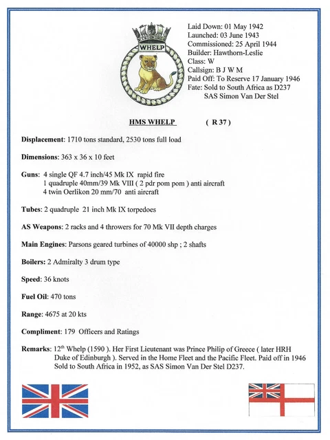 ROYAL NAVY DESTROYER Hms Whelp R37 8 X10 Photograph With Stats Sheet ...