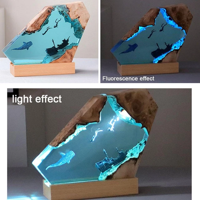 EPOXY RESIN WOOD Light Lamp Large Diver And Humpback Whale LED Night ...
